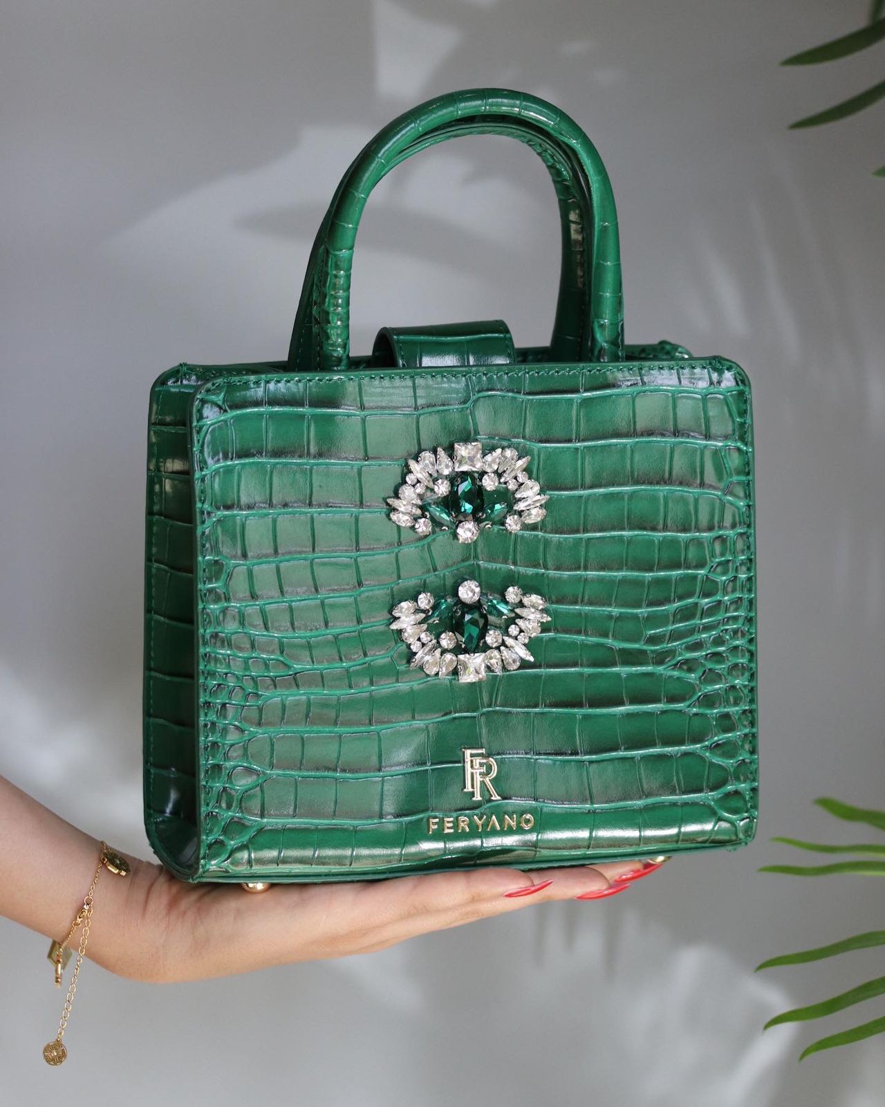 Leather Green Color Bag with Zircon | Tektaak jewellery