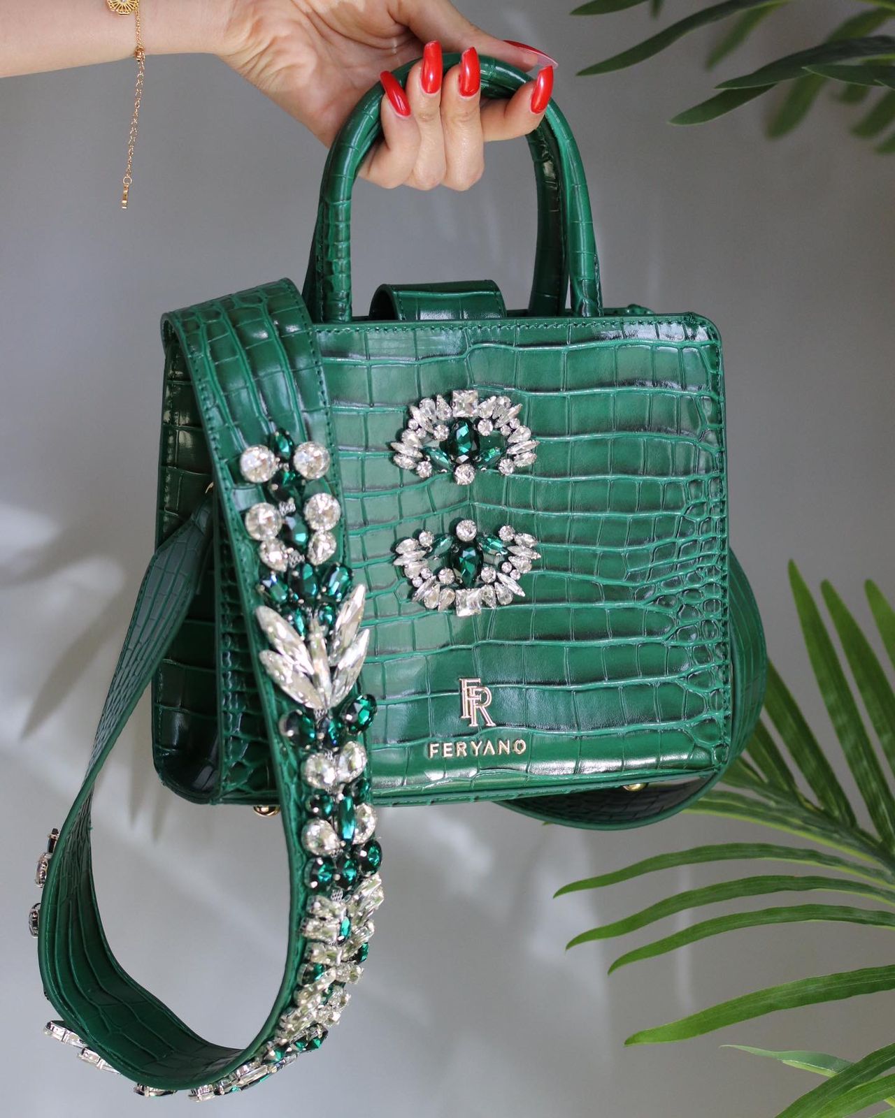 Leather Green Color Bag with Zircon | Tektaak jewellery