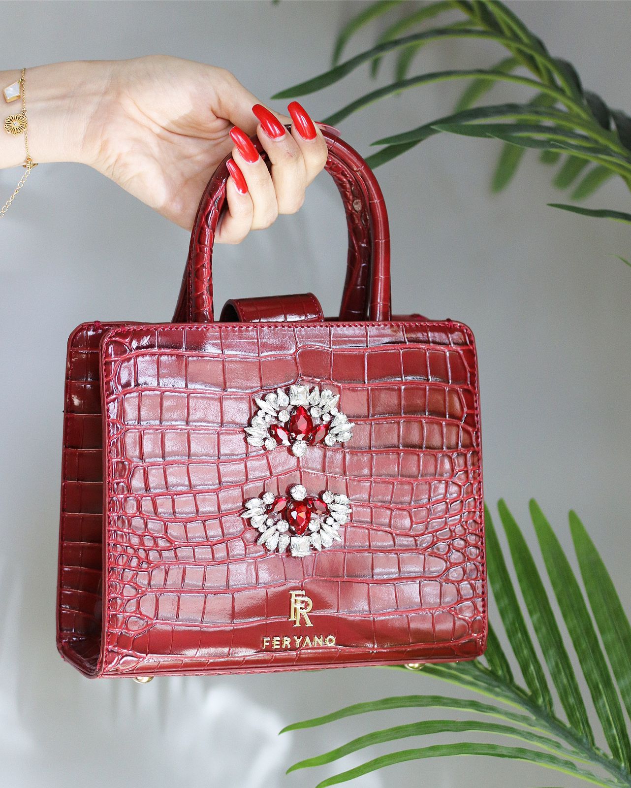 Leather Wine Red Color Bag with Zircon | Tektaak jewellery